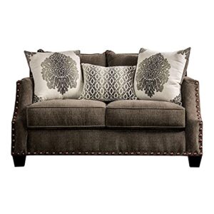 furniture of america velma contemporary chenille nailhead loveseat in dark brown