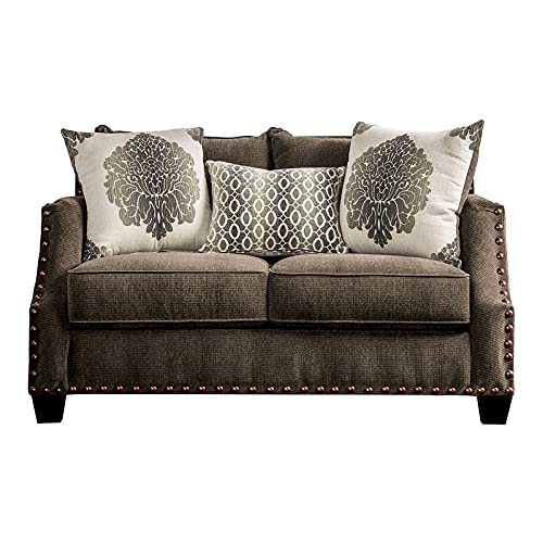 Furniture of America Velma Contemporary Chenille Nailhead Loveseat in Dark Brown