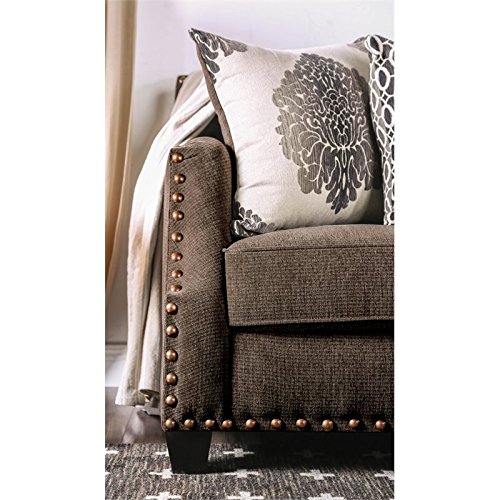 Furniture of America Velma Contemporary Chenille Nailhead Loveseat in Dark Brown