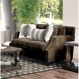 Furniture of America Velma Contemporary Chenille Nailhead Loveseat in Dark Brown