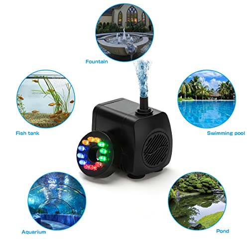 Fountain pump Submersible Water pump Kit with LED Light 220 GPH Waterproof Silent outdoor Pond pump Small Aquarium pump for Hydroponic Aquarium Air Fish tank with Decorations Plants Sunterra