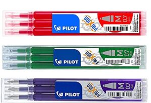 pilot frixion erasable pens refill, 9 refill bundle green, red, violet or purple gel ink fine pt 0.7mm, assorted colors