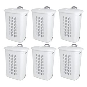 sterilite rectangular plastic slim laundry hamper basket bin with wheels, lift top, and pull handle for easy transportation, white, 6 pack