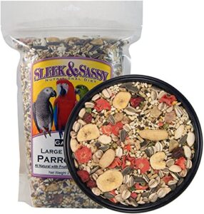 sleek & sassy nutritional diet garden large hookbill parrot food for large conures, amazons, african greys, cockatoos, pionus-parrots & small macaws (2 lbs.)