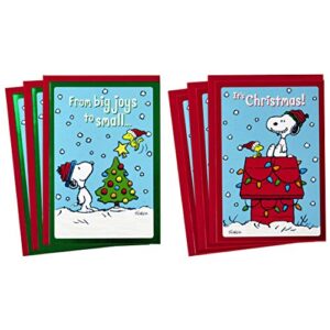 hallmark peanuts christmas cards assortment, snoopy and woodstock (6 cards with envelopes, 2 designs)