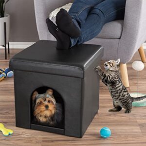 Cat House – Collapsible Multipurpose Small Dog or Cat Ottoman with Footrest, Cushioned Top, and Interior Pillow by PETMAKER (Black)