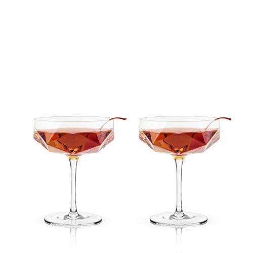 Viski Faceted Coupe Glasses set of 2, Champagn, Martini, Wine, Crystal Cocktail Glasses for Bar, Drinking Glass Set of 2, 7oz