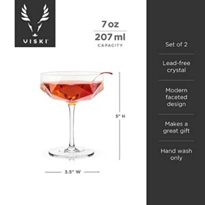 Viski Faceted Coupe Glasses set of 2, Champagn, Martini, Wine, Crystal Cocktail Glasses for Bar, Drinking Glass Set of 2, 7oz