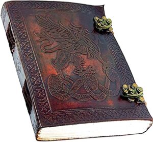 montexoo leather journal dragon dungeons dragonette diary sketchook notebook with lock for men women dnd travel bullet handmade vintage old antique writing large old cool brown 8 inch