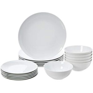 amazon basics 18-piece kitchen dinnerware set, plates, dishes, bowls, service for 6, white porcelain coupe