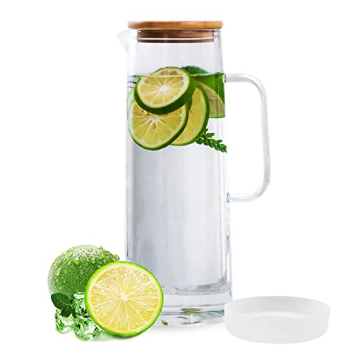 hjn Glass Water Pitcher with Wood Lid Water Carafe with Handle - Fridge Glass Jug for Hot/Cold Water & Iced Tea Beverage, juice,Milk-1500ml /1.5liters…