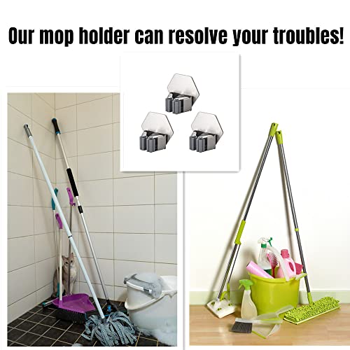 Mop and Broom Organizer Garage Tool Storage Rack Stainless Steel Broom Gripper Mop Holder with 3M Self Adhesive, 3 Pack