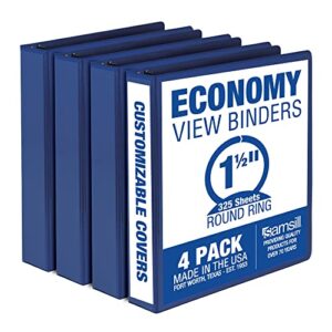 samsill economy 1.5 inch 3 ring binder, made in the usa, round ring binder, customizable clear view cover, blue, 4 pack (mp48552)