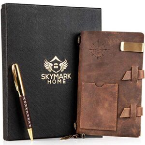 skymark home leather journal handmade travel notebook - medium size 7 x 4.8 inch vintage antique diary writing notepad for men & women, refillable lined paper, luxury gift set with golden classic pen