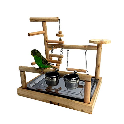 Borangs Parrots Playstand Bird Playground Wood Perch Training Stand Cockatiel Playpen Ladders Birds Swing Wood Gym Tabletop with Feeder Cups Toys Exercise Play(Design B)