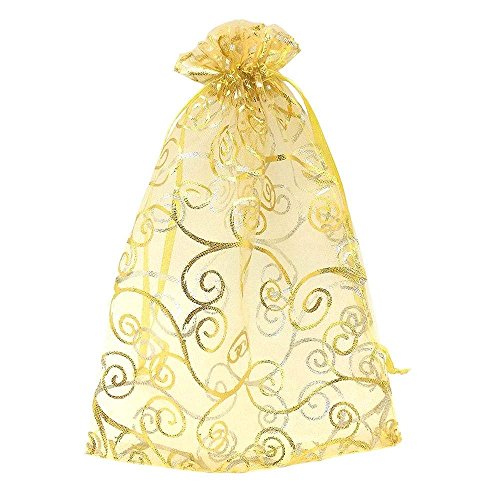 Onwon 50 PCS/set Party Wedding Favor Gifts Bags, Luxury Jewelry Candy Gift Bags, Champagne Drawstring Pouches, Velvet Drawstring Pouches, Gold Line Drawstring Sheer Organza