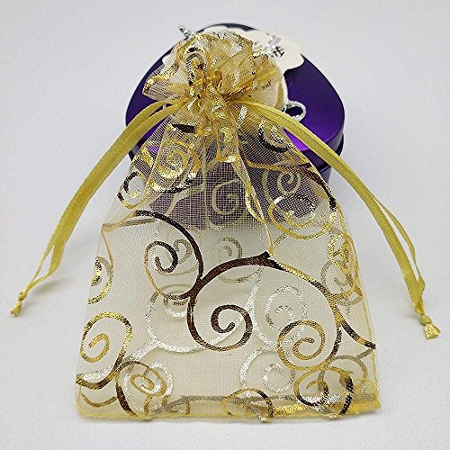 Onwon 50 PCS/set Party Wedding Favor Gifts Bags, Luxury Jewelry Candy Gift Bags, Champagne Drawstring Pouches, Velvet Drawstring Pouches, Gold Line Drawstring Sheer Organza