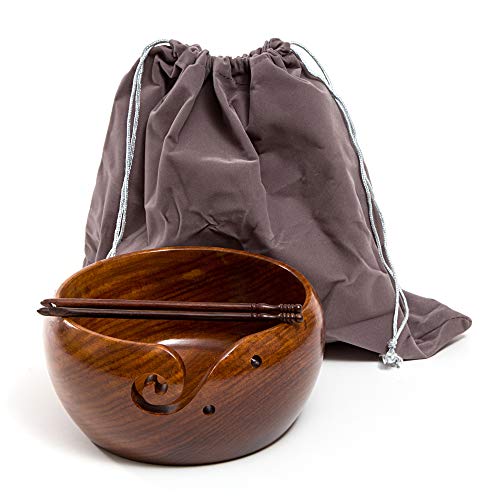 Eunoia Wooden Yarn Bowl Holder | Handmade Knitting Wool Storage Basket with holes for Knitting, Crocheting, Home & Garden Arts, Crafts & Sewing | Free Wood Crochet Hook & Travel Bag - 7" x 4"