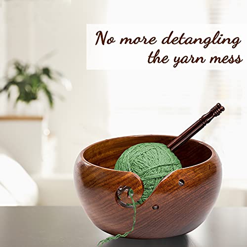 Eunoia Wooden Yarn Bowl Holder | Handmade Knitting Wool Storage Basket with holes for Knitting, Crocheting, Home & Garden Arts, Crafts & Sewing | Free Wood Crochet Hook & Travel Bag - 7" x 4"