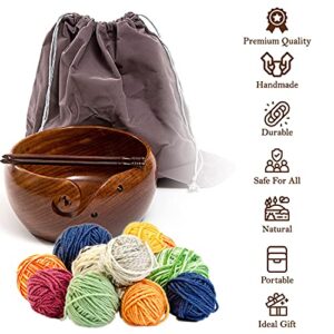 Eunoia Wooden Yarn Bowl Holder | Handmade Knitting Wool Storage Basket with holes for Knitting, Crocheting, Home & Garden Arts, Crafts & Sewing | Free Wood Crochet Hook & Travel Bag - 7" x 4"