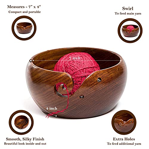 Eunoia Wooden Yarn Bowl Holder | Handmade Knitting Wool Storage Basket with holes for Knitting, Crocheting, Home & Garden Arts, Crafts & Sewing | Free Wood Crochet Hook & Travel Bag - 7" x 4"