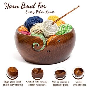 Eunoia Wooden Yarn Bowl Holder | Handmade Knitting Wool Storage Basket with holes for Knitting, Crocheting, Home & Garden Arts, Crafts & Sewing | Free Wood Crochet Hook & Travel Bag - 7" x 4"