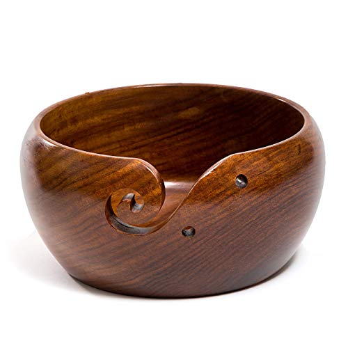 Eunoia Wooden Yarn Bowl Holder | Handmade Knitting Wool Storage Basket with holes for Knitting, Crocheting, Home & Garden Arts, Crafts & Sewing | Free Wood Crochet Hook & Travel Bag - 7" x 4"