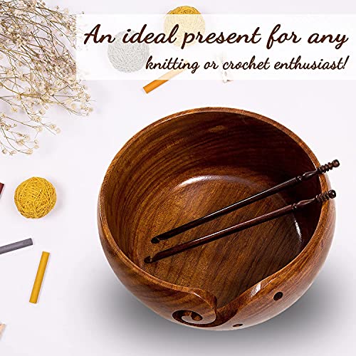 Eunoia Wooden Yarn Bowl Holder | Handmade Knitting Wool Storage Basket with holes for Knitting, Crocheting, Home & Garden Arts, Crafts & Sewing | Free Wood Crochet Hook & Travel Bag - 7" x 4"