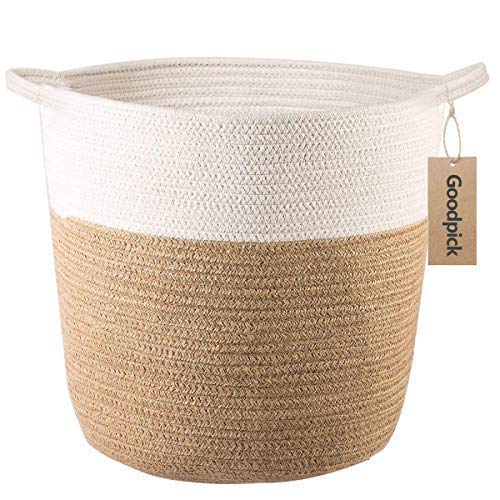 Goodpick Cotton Rope Storage Basket, Woven Round Basket with Handles for Toys, Blanket, Shoes, Large Jute Wicker Plant Basket for Living Room, Entryway, 16.0 x15.0 x12.6 inches