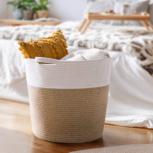 Goodpick Cotton Rope Storage Basket, Woven Round Basket with Handles for Toys, Blanket, Shoes, Large Jute Wicker Plant Basket for Living Room, Entryway, 16.0 x15.0 x12.6 inches