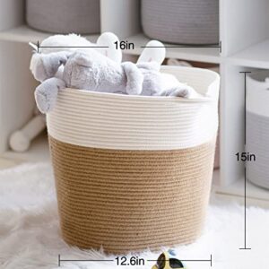 Goodpick Cotton Rope Storage Basket, Woven Round Basket with Handles for Toys, Blanket, Shoes, Large Jute Wicker Plant Basket for Living Room, Entryway, 16.0 x15.0 x12.6 inches