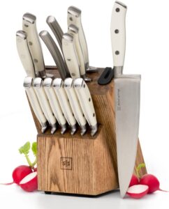 white knife set with block - 14 piece forged stainless steel triple rivet white kitchen knife set with heavy duty kitchen shears and self sharpening knife block set