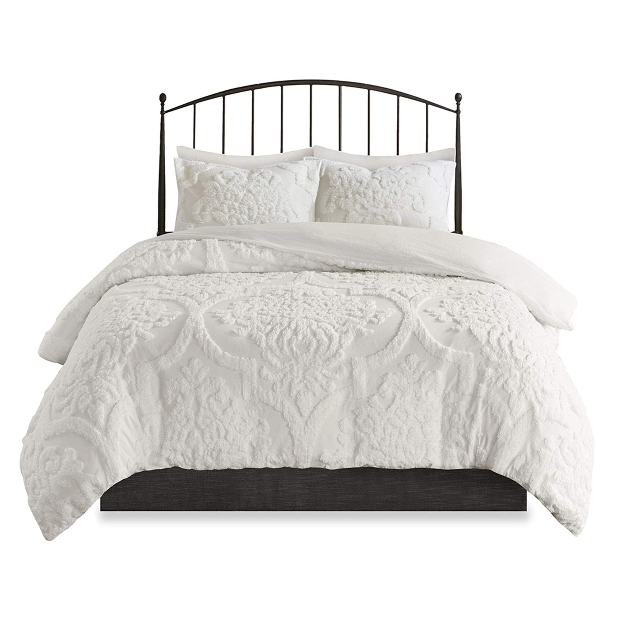 Madison Park Tufted Chenille Cotton Comforter, All Season Bedding Set, Matching Shams, Viola, Damask Off White King/Cal King(104"x92") 3 Piece