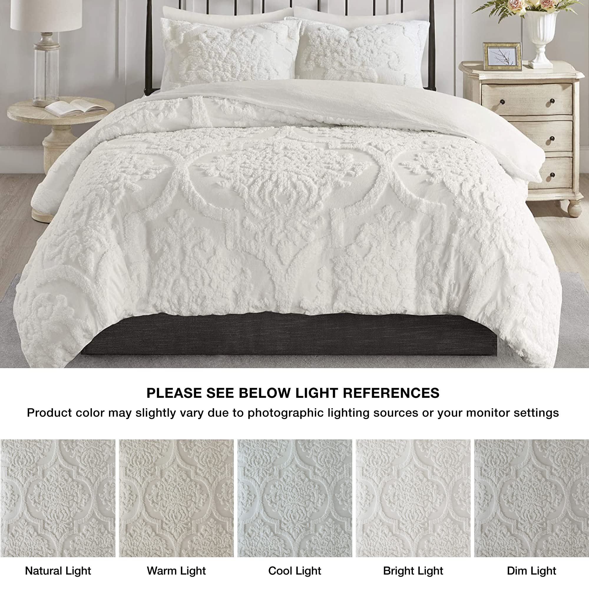 Madison Park Tufted Chenille Cotton Comforter, All Season Bedding Set, Matching Shams, Viola, Damask Off White King/Cal King(104"x92") 3 Piece