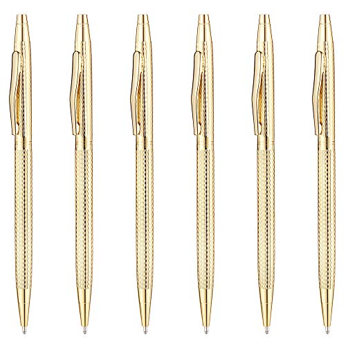 Unibene Slim Metallic Retractable Ballpoint Pens - Carved Gold, Nice Gift for Business Office Students Teachers Wedding Christmas, Medium Point(1 mm) 6 Pack-Black ink