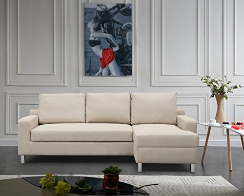 Container Furniture Direct Amelie Linen Upholstered Contemporary Modern Right-Sided Sectional Sofa with Bed, 83.9", Beige