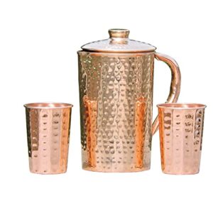 ancient impex pure copper hammered pitcher with two copper mugs for storing and drinking water | ayurvedic pure copper hammered jug capacity 57.48 fl oz. with matching lid and two matching cups