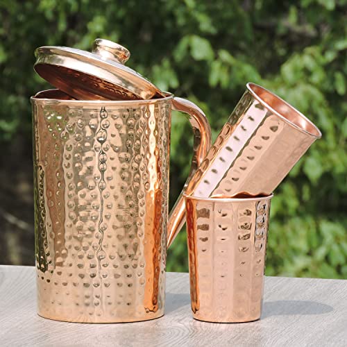 Ancient Impex Pure Copper Hammered Pitcher with Two Copper Mugs for Storing and Drinking Water | Ayurvedic Pure Copper Hammered Jug Capacity 57.48 fl oz. with Matching Lid and Two Matching Cups