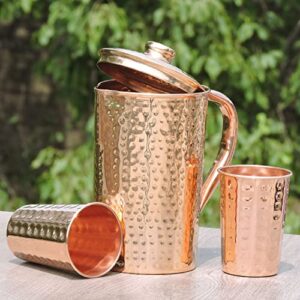 Ancient Impex Pure Copper Hammered Pitcher with Two Copper Mugs for Storing and Drinking Water | Ayurvedic Pure Copper Hammered Jug Capacity 57.48 fl oz. with Matching Lid and Two Matching Cups