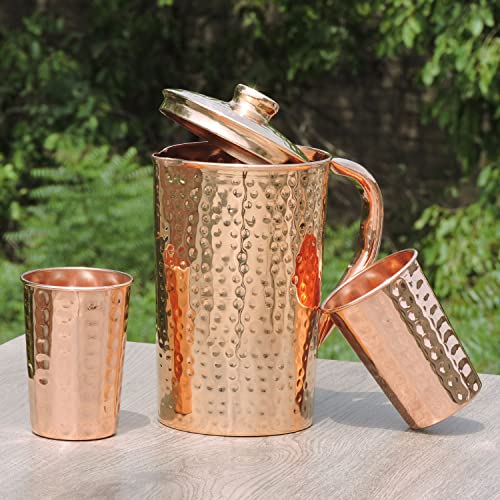 Ancient Impex Pure Copper Hammered Pitcher with Two Copper Mugs for Storing and Drinking Water | Ayurvedic Pure Copper Hammered Jug Capacity 57.48 fl oz. with Matching Lid and Two Matching Cups