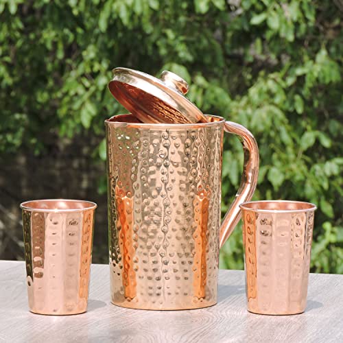 Ancient Impex Pure Copper Hammered Pitcher with Two Copper Mugs for Storing and Drinking Water | Ayurvedic Pure Copper Hammered Jug Capacity 57.48 fl oz. with Matching Lid and Two Matching Cups