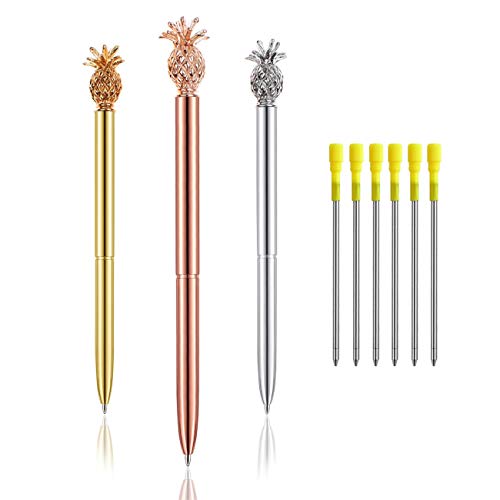 PASISIBICK Pineapple Pens,Bling Stainless Steel Retractable Metal Ballpoint Pens for Office Supplies, Black Ink(3 PCS)