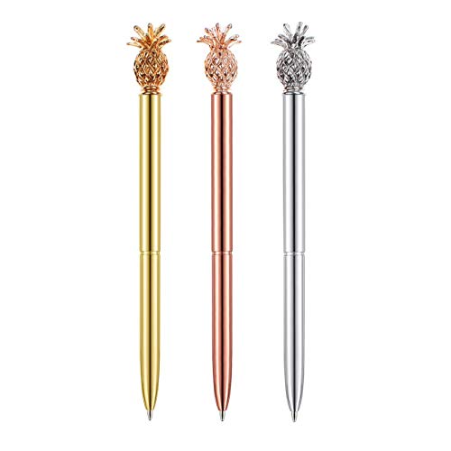 PASISIBICK Pineapple Pens,Bling Stainless Steel Retractable Metal Ballpoint Pens for Office Supplies, Black Ink(3 PCS)