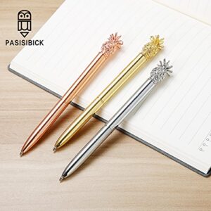 PASISIBICK Pineapple Pens,Bling Stainless Steel Retractable Metal Ballpoint Pens for Office Supplies, Black Ink(3 PCS)