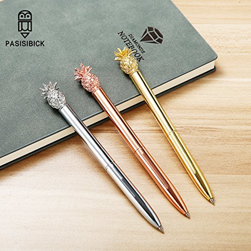 PASISIBICK Pineapple Pens,Bling Stainless Steel Retractable Metal Ballpoint Pens for Office Supplies, Black Ink(3 PCS)