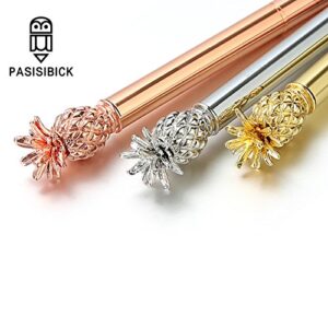 PASISIBICK Pineapple Pens,Bling Stainless Steel Retractable Metal Ballpoint Pens for Office Supplies, Black Ink(3 PCS)