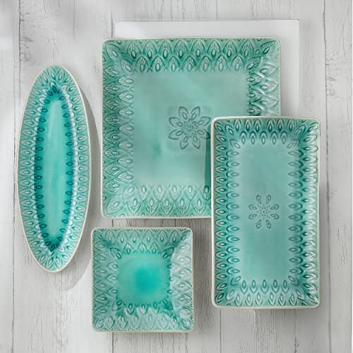 Euro Ceramica PK- Peacock Rectangular Platter, One Size, Lagoon