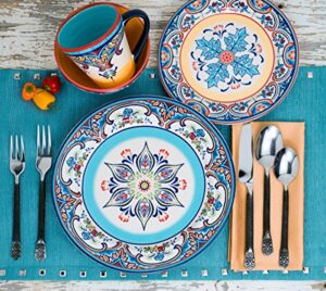 euro ceramica zanzibar collection vibrant 16 piece oven safe stoneware dinnerware set, service for 4, spanish floral design, multicolor