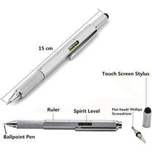 Multifunction Tool Pen, 6 in 1 Tool with Ballpoint Pen, Touch Screen Stylus, Ruler, Spirit Level, Flat-head and Phillips Screwdriver, All-in-One Tech-Tool Pen with Ink Refills (Yellow + 2×Refills)