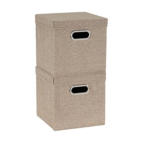 Household Essentials 802-1 Café Cube Bin Storage Set with Lids and Handles | 2 Pack, Brown Linen